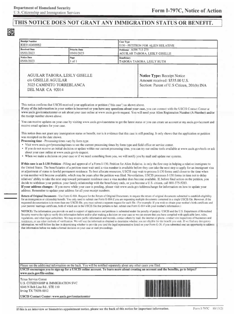 2023 - 05 - 01 Uscis Form I-797c Notice LRT | PDF
