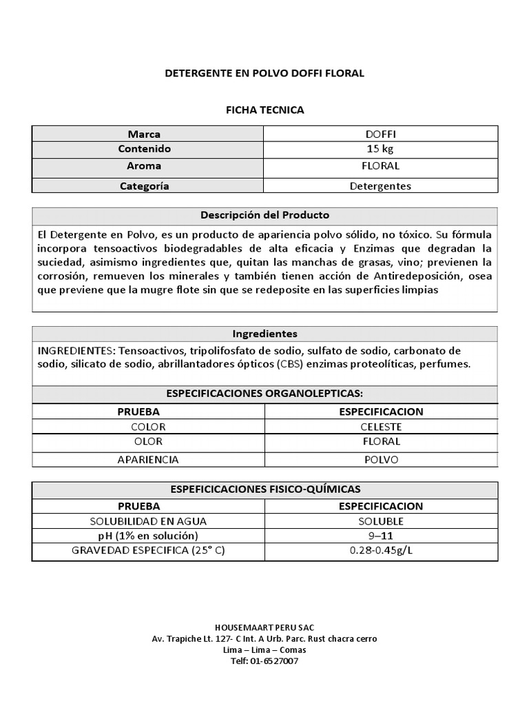 Detergente en Polvo Doffi Saco 15 Kilos - Ficha Tecnica | PDF ...