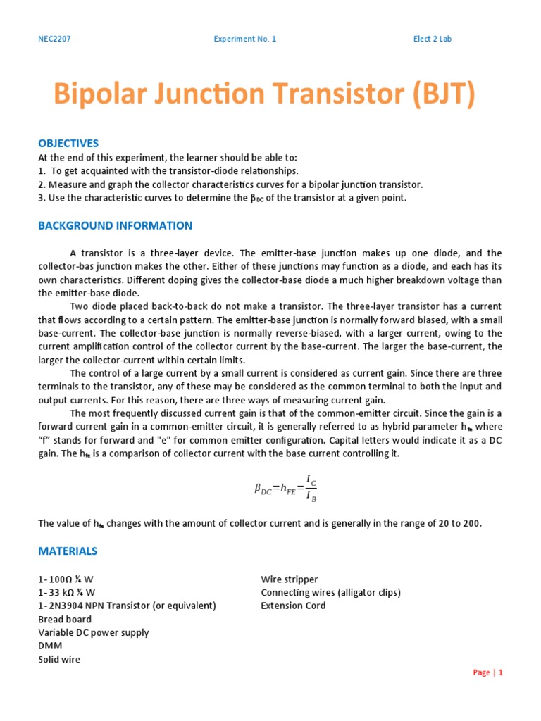 Experiment No. 1 DC (BJTS) | PDF | Bipolar Junction Transistor ...