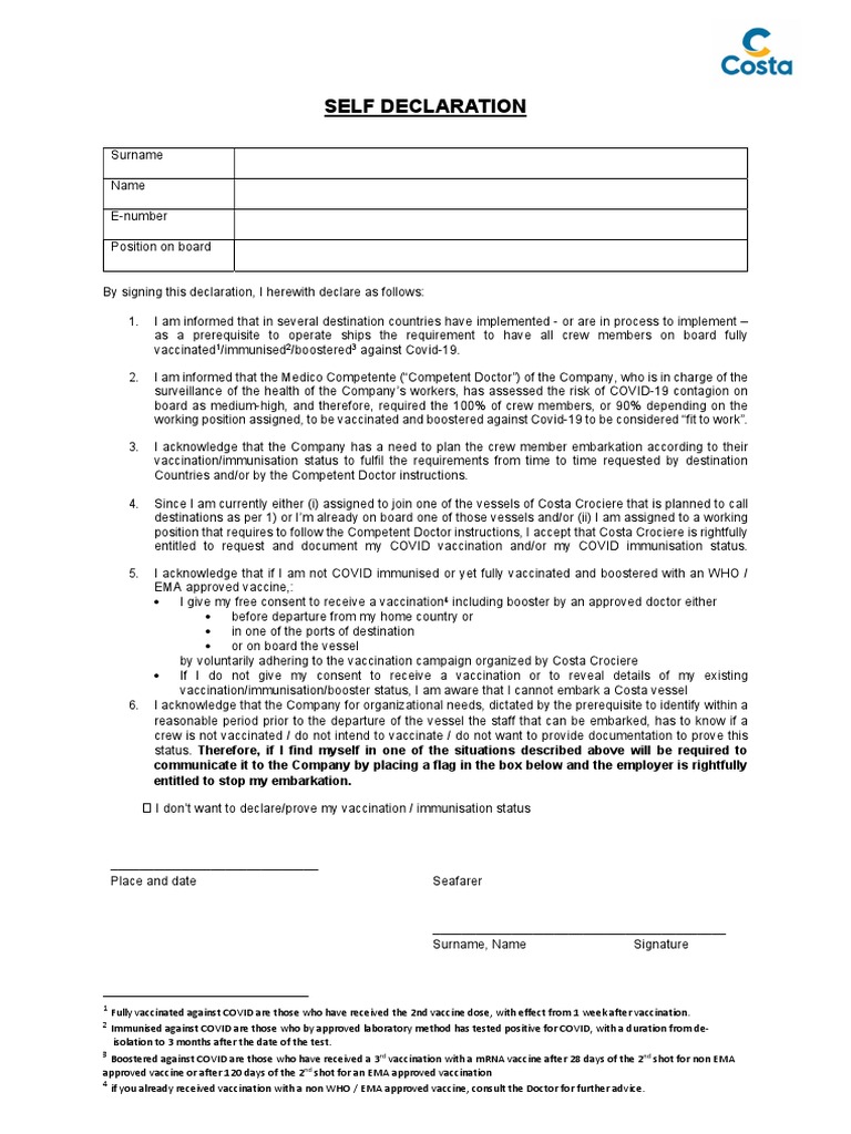 HR-1005 Annex 4 Self-Declaration COVID-19 Booster | PDF | Regulatory ...