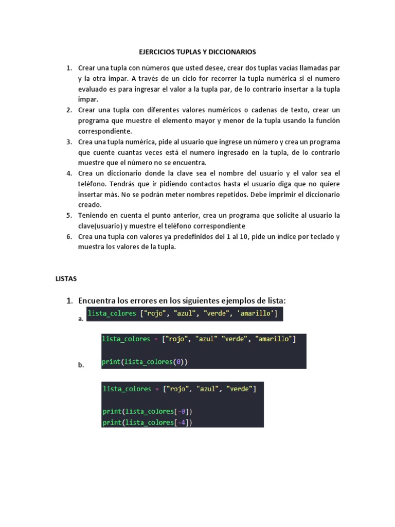 Ejercicios Listas, Tuplas y Diccionarios | PDF Ejercicios Listas, Tuplas y Diccionarios | PDF
