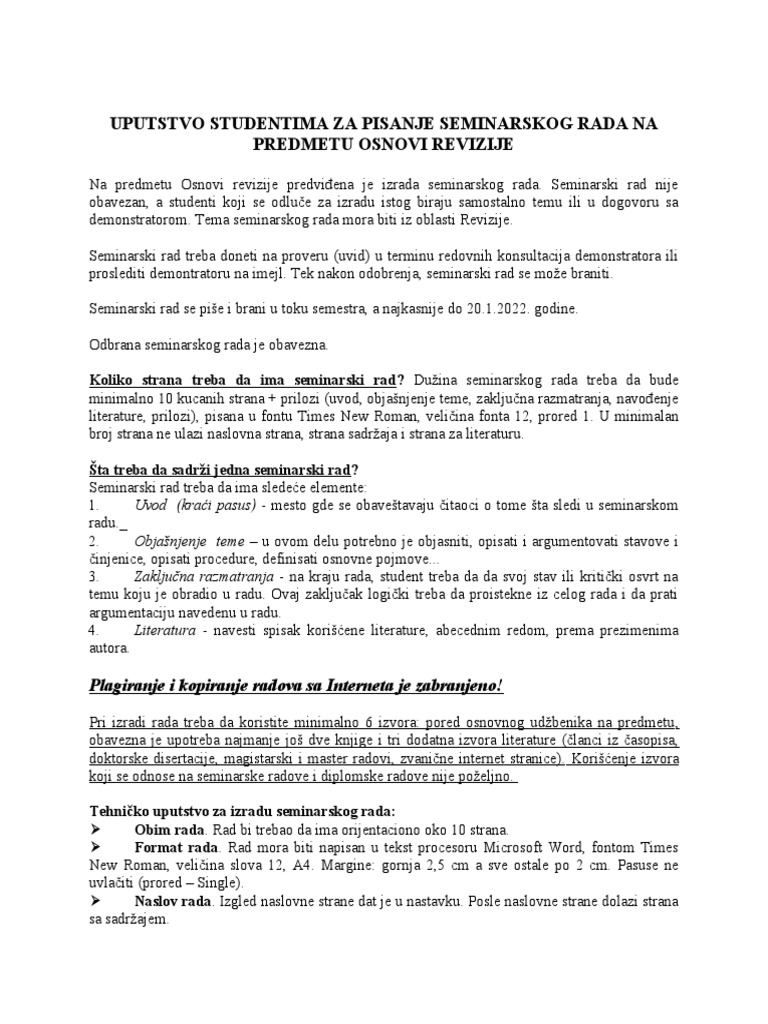 Uputstvo Za Pisanje Seminarskog Rada | PDF