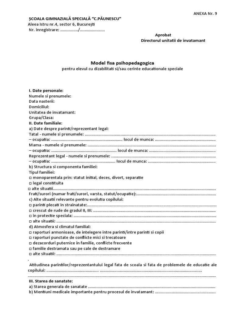 ANEXA 9 ORD 1985 Dec 2016 Fisa Psihopedagogica | PDF