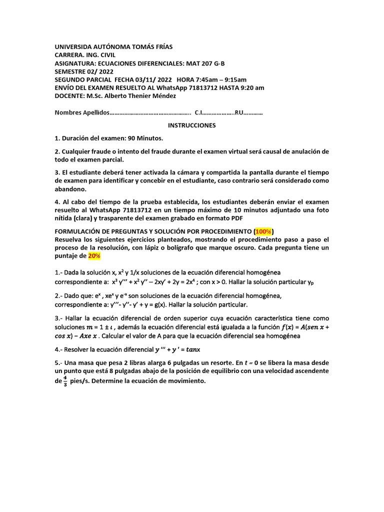 EXAMEN MAT 207 2do PARC 2-2022. CIVI G-B | PDF