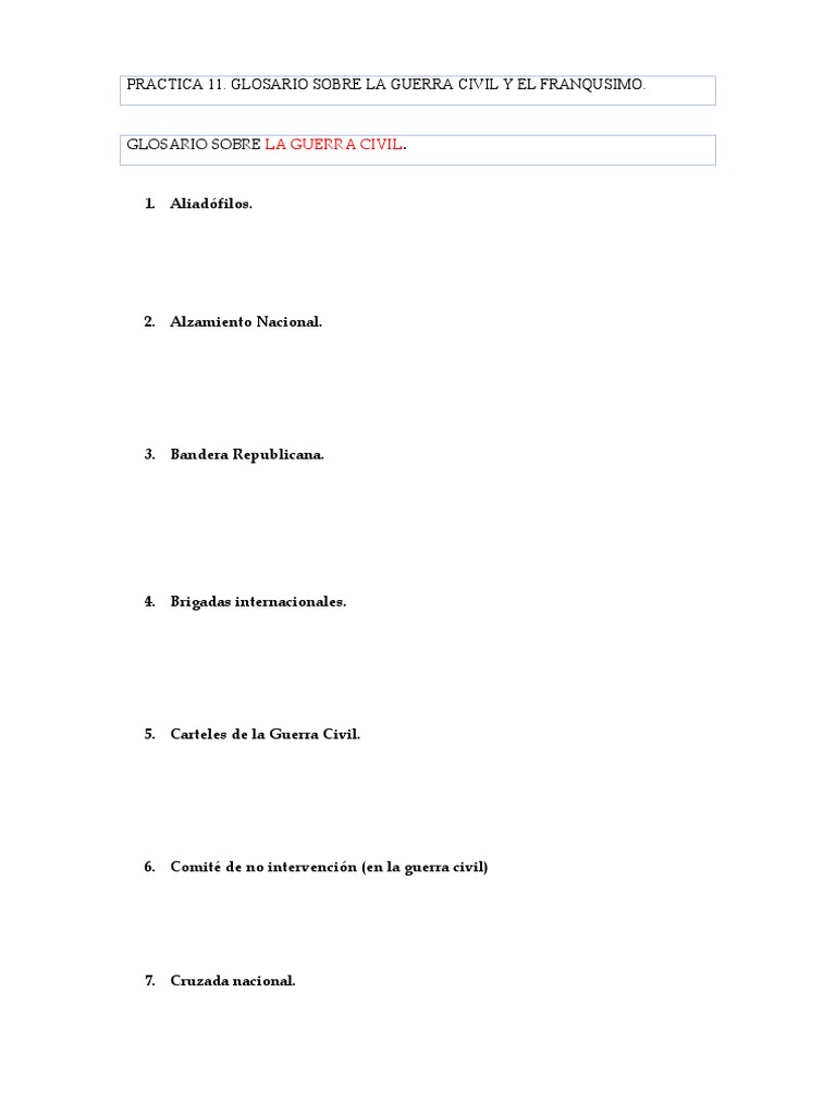 Práctica 12. Glosario. Guerra Civil Española y Franquismo. | PDF