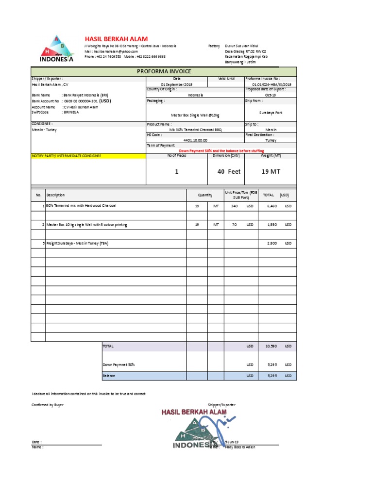 Proforma Invoice for Tamarind Charcoal | PDF