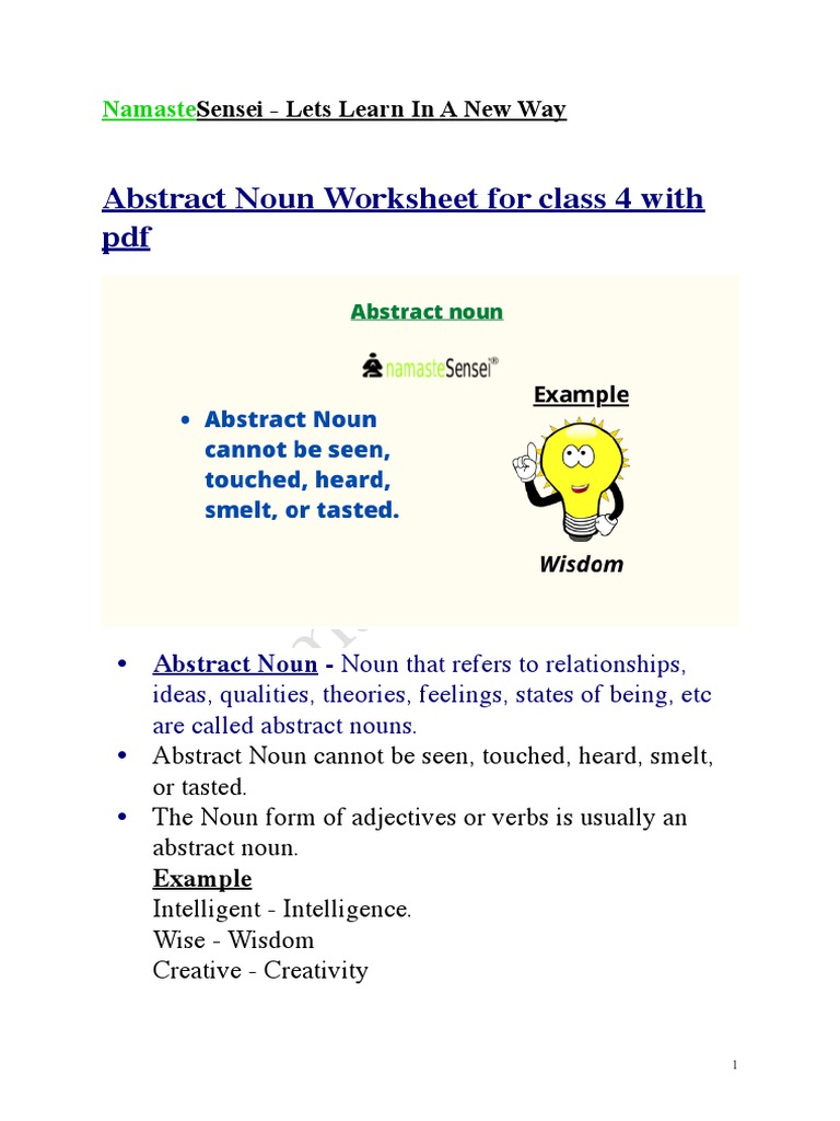 Abstract Noun Worksheet For Class 4 With Answers | PDF | Noun | Adjective