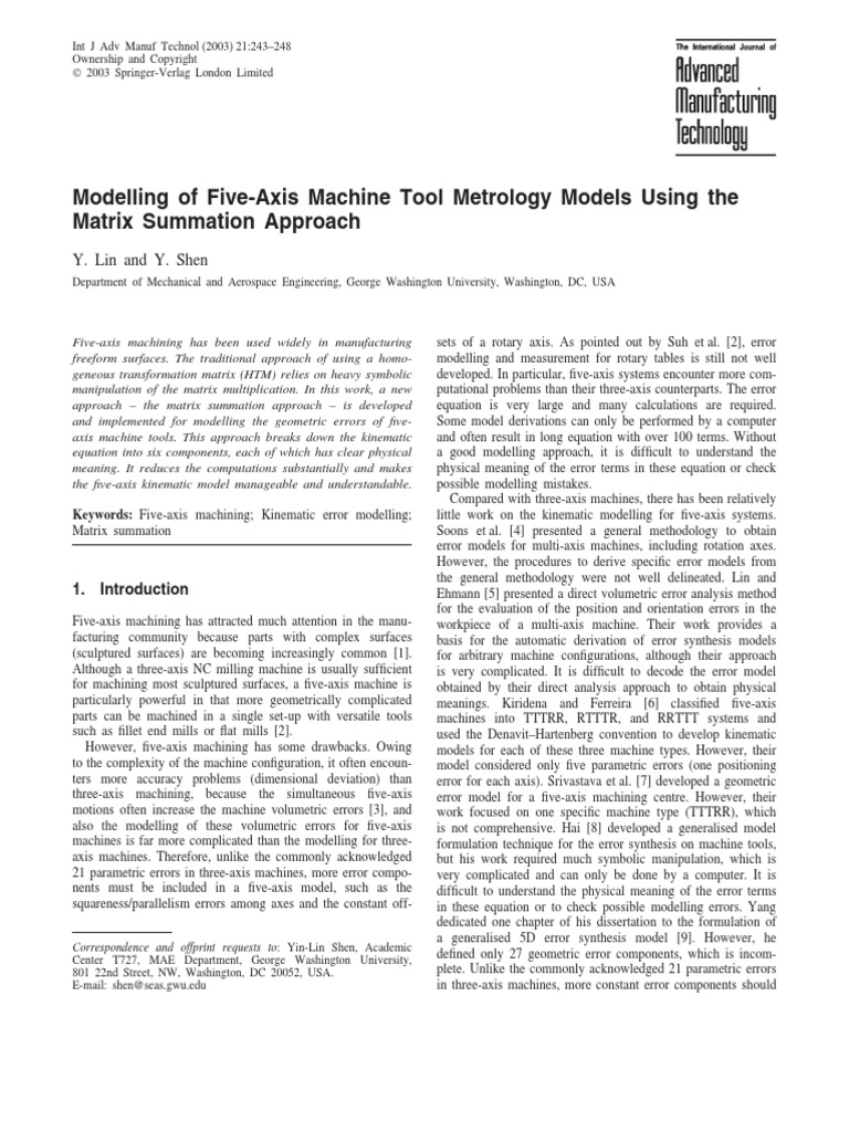 Modelling of Five-Axis Machine Tool Metrology Models Using The Matrix Summation Approach | PDF ...