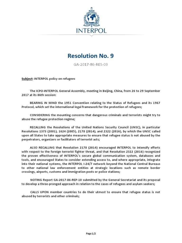 GA 2017 86 RES 09 INTERPOL Policy On Refugees | PDF