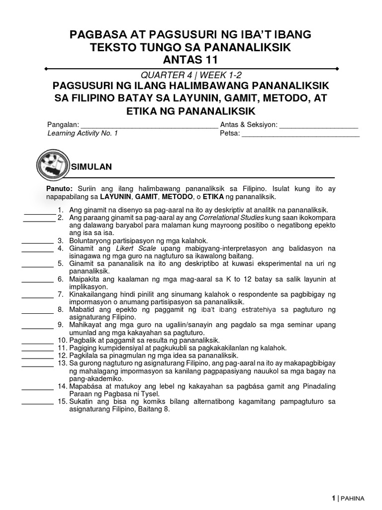 q4 Las-1 2 Pagbasa-At-pagsusuri 2nd-Sem Week-1 2 | PDF