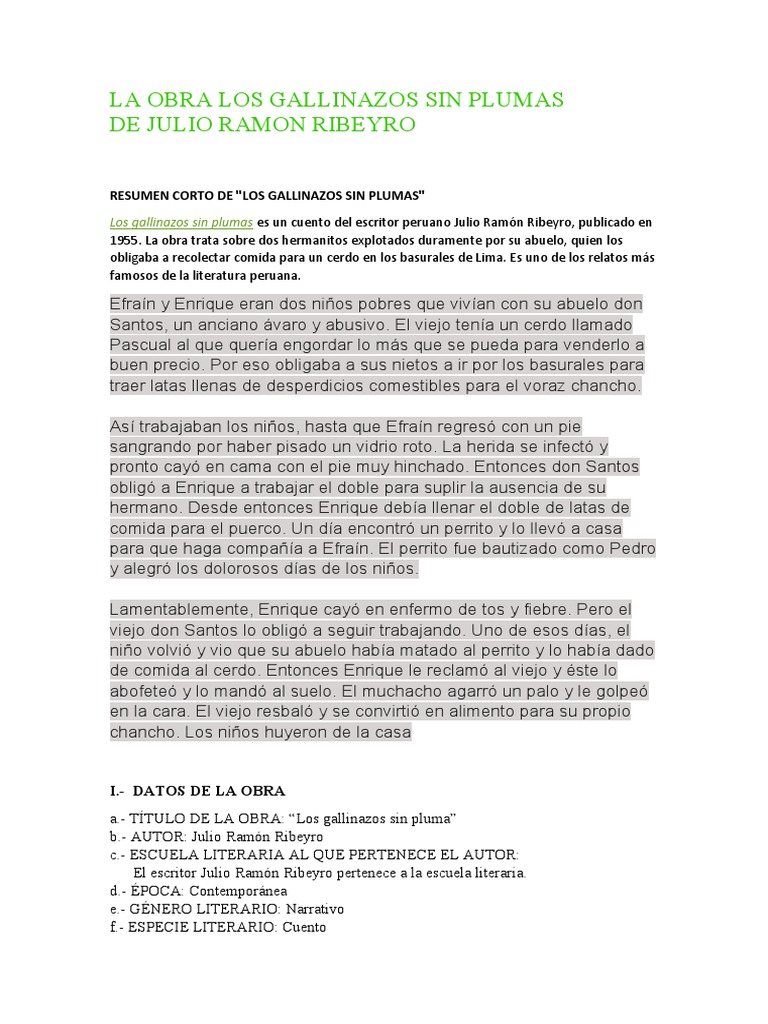 La Obra Los Gallinazos Sin Plumas | PDF | Cuentos | Cerdo