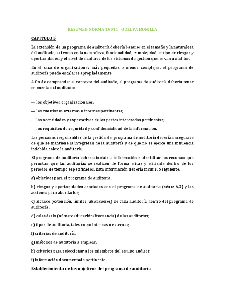 Resumen Norma 19011 Odelva Bonilla | PDF | Auditoría | Contralor