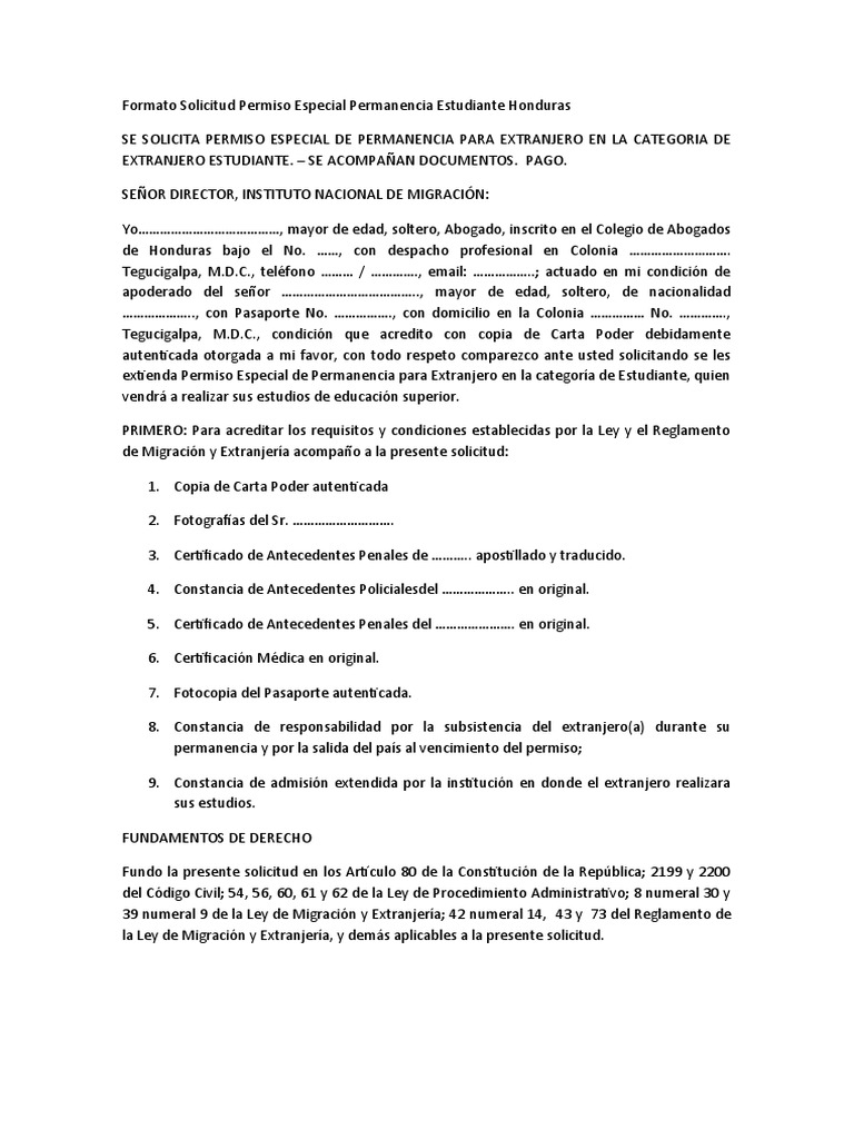 Formato Solicitud Permiso Especial Permanencia Estudiante Honduras | PDF