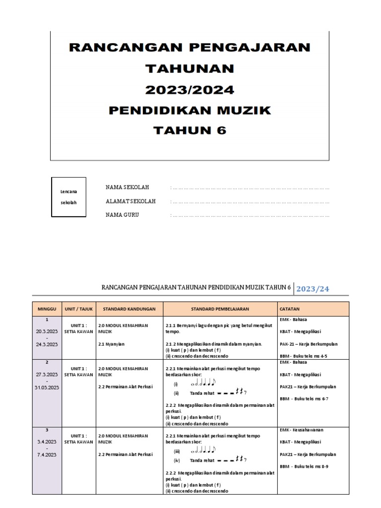 Y6 RPT Muzik Tahun 6 | PDF