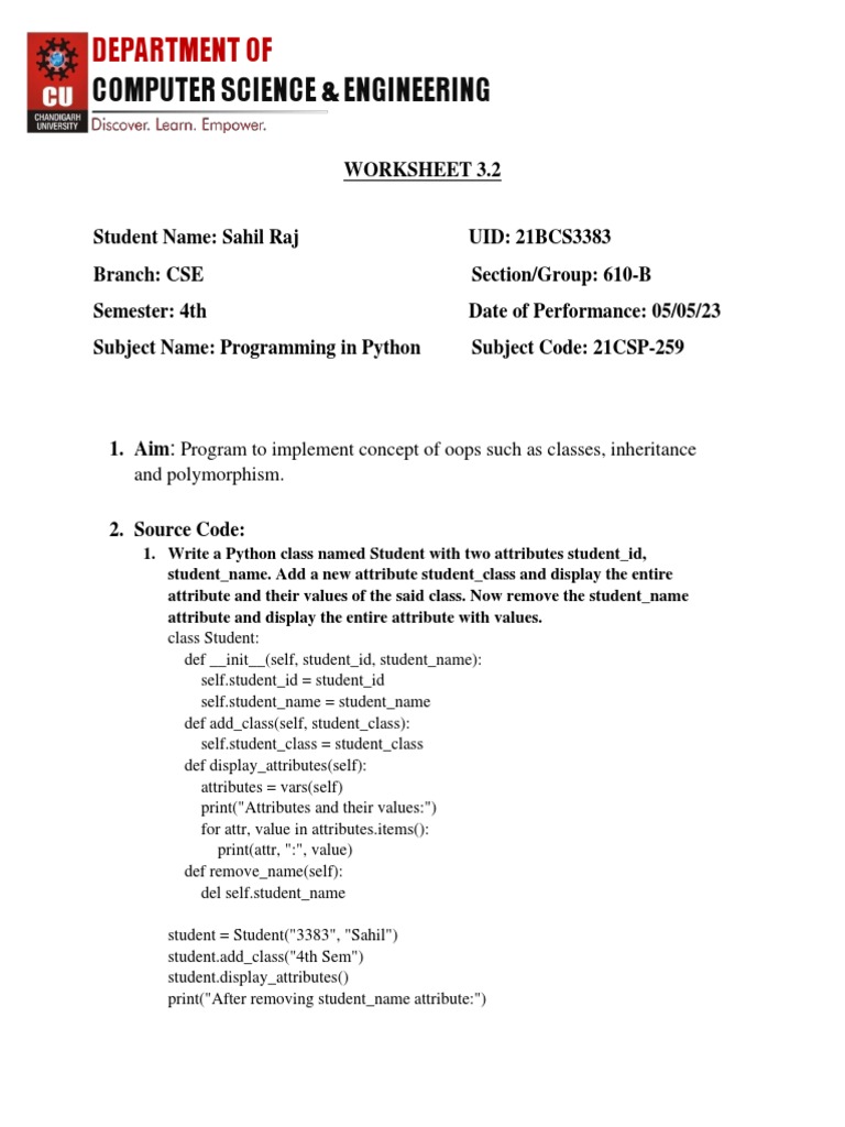 Python OOP Concepts Worksheet | PDF
