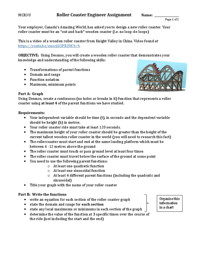 MCR3U Roller Coaster Assignment 2223a | PDF | Function (Mathematics) | Maxima And Minima