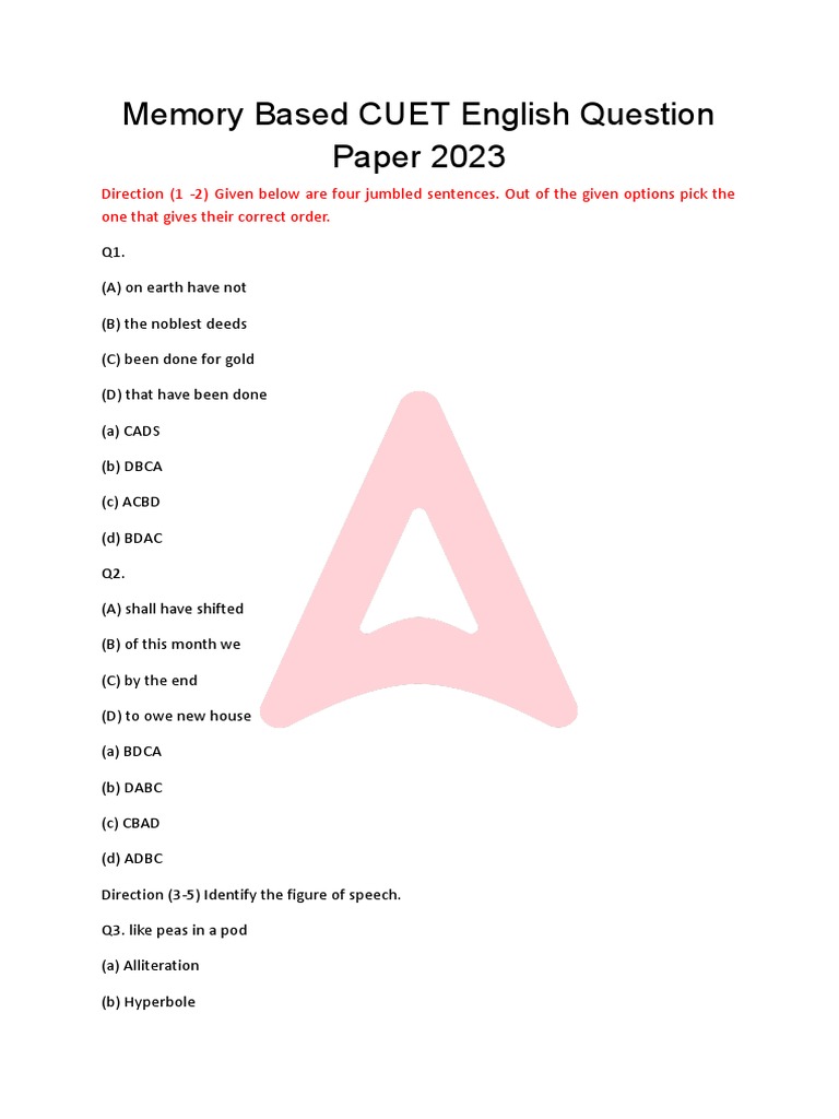 Memory Based CUET English Question Paper 2023 | PDF | Linguistics | Grammar