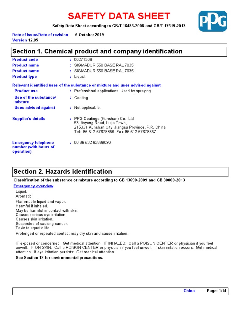 Sigmadur 550 Base RAL 7035 Data Sheet | PDF | Dangerous Goods | Toxicity