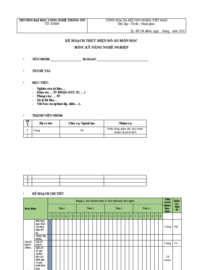 Mau ke hoach thuc hien Do an mon hoc (tham khao) | PDF