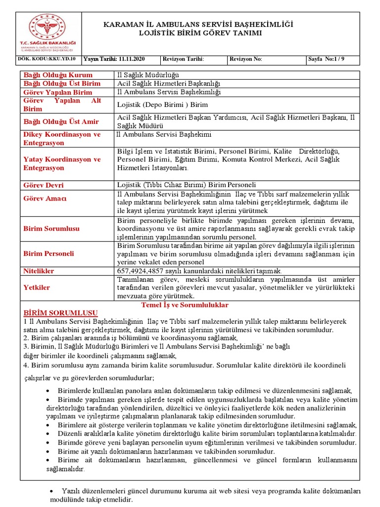 Loji̇sti̇k Bi̇ri̇m Görev Tanimi | PDF