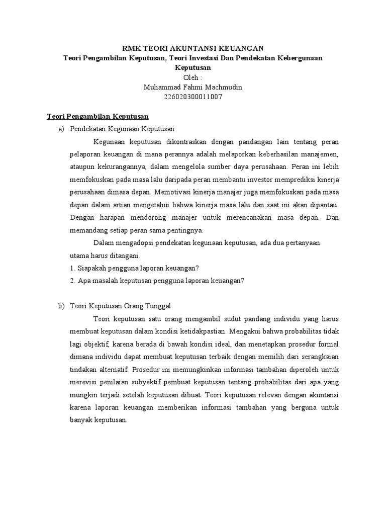 RMK TEORI AKUNTANSI KEUANGAN - Teori Pengambilan Keputusan | PDF | Bisnis