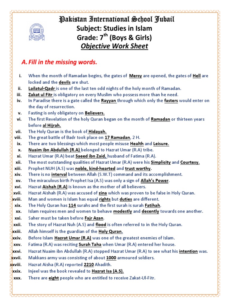 Pakistan International School Jubail Subject: Studies in Islam Grade: 7 ...