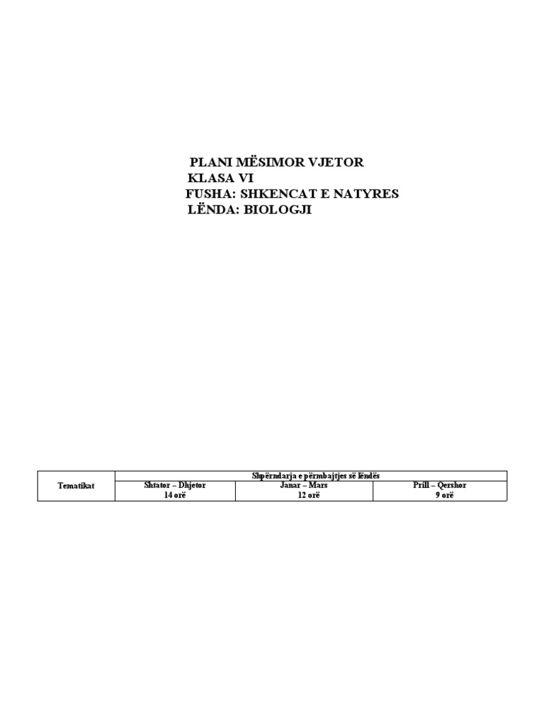 1. BIOLOGJIA 6 Plani Vjetor 2022-2023 | PDF
