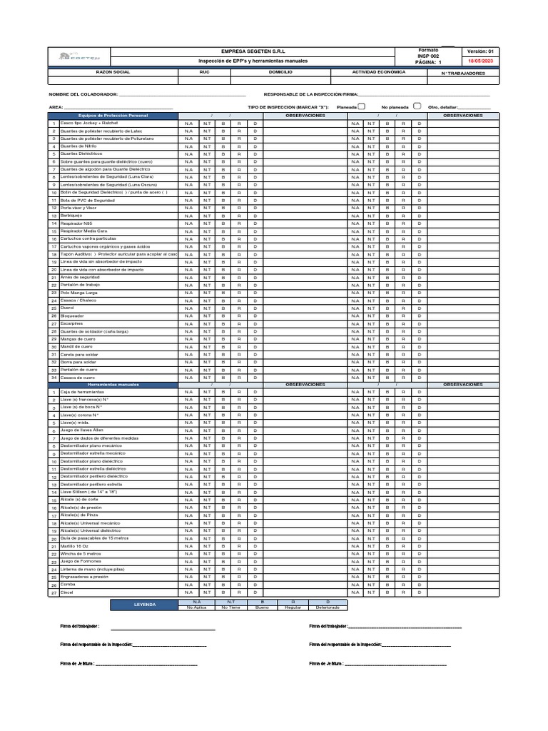Inspeccion de EPPs y Herramientas Manuales | PDF