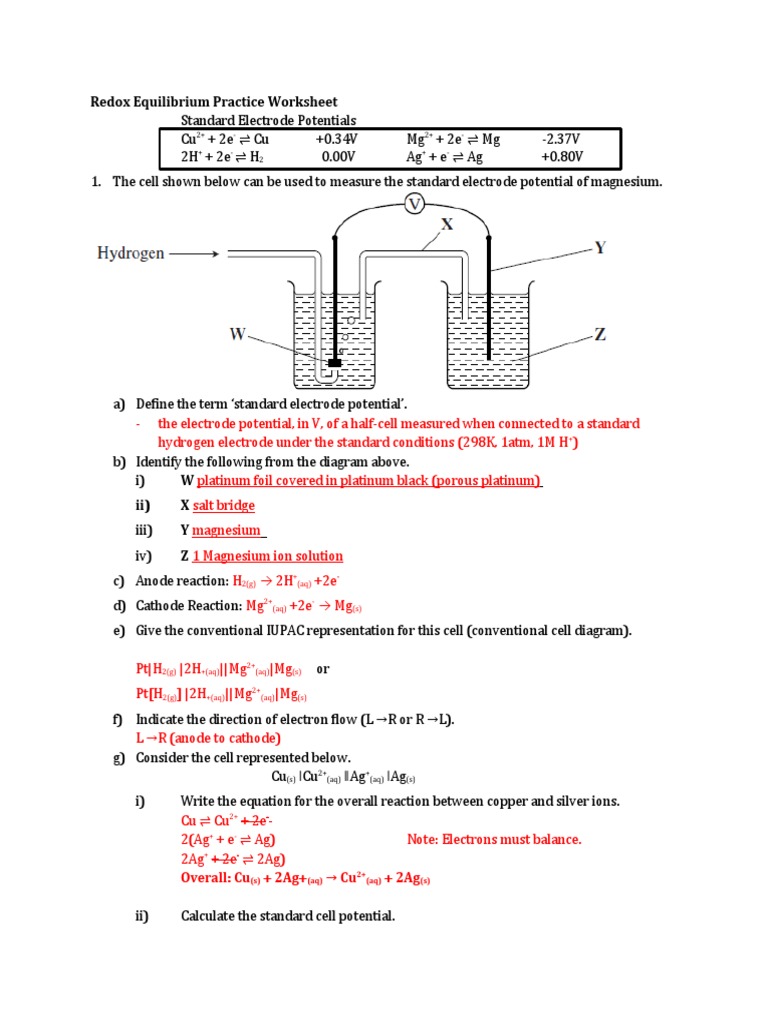 Redox Equilibrium Practice Worksheet 2023 Answer Key | PDF