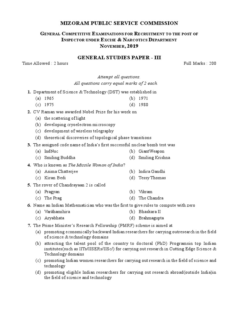 General English Paper III Inspector of Excise | PDF