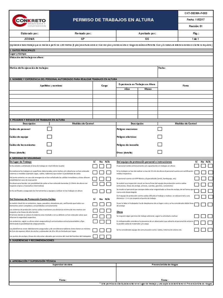 CKT-SSOMA-F-003 Permiso de Trabajos en Altura Rev | PDF