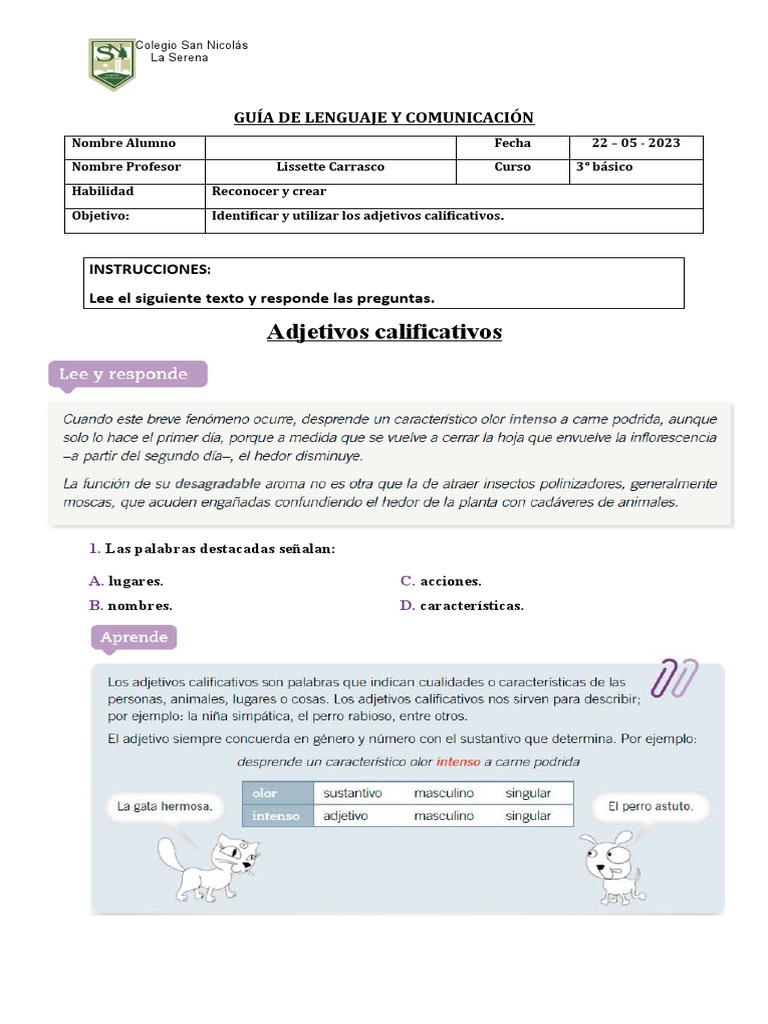 Guía Adjetivos Calificatvos 3 Básico | PDF