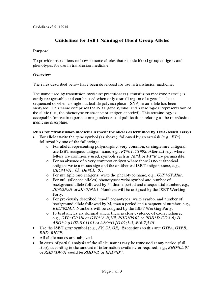 ISBT Guidelines Naming Blood Group | PDF | Allele | Single Nucleotide ...
