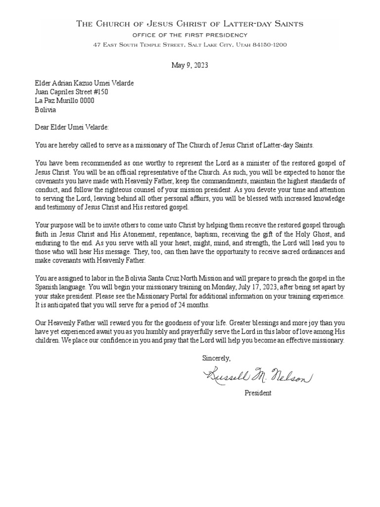 Adrian Umei Velarde-Mission Call Letter | PDF | Wellness | Religion ...