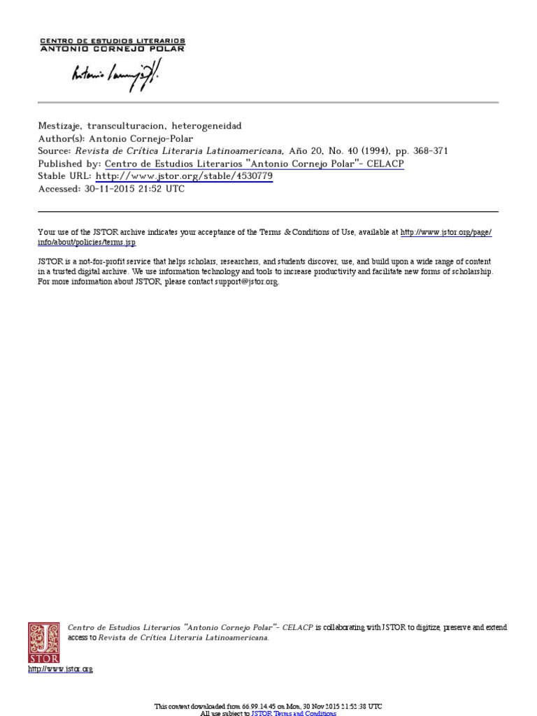 Cornejo Polarm Antonio - Mestizaje, Transculturacion, Heterogeneidad | PDF