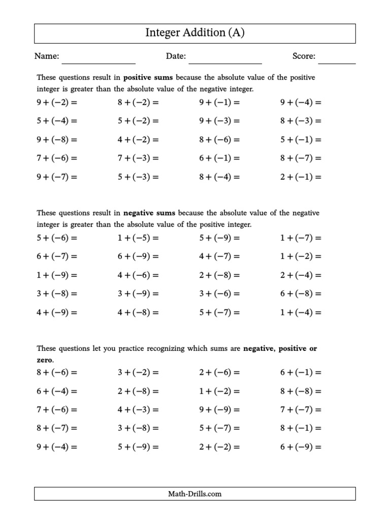 Integers Scaffolded Addition 0109 Positive Plus Negative 001 | PDF ...