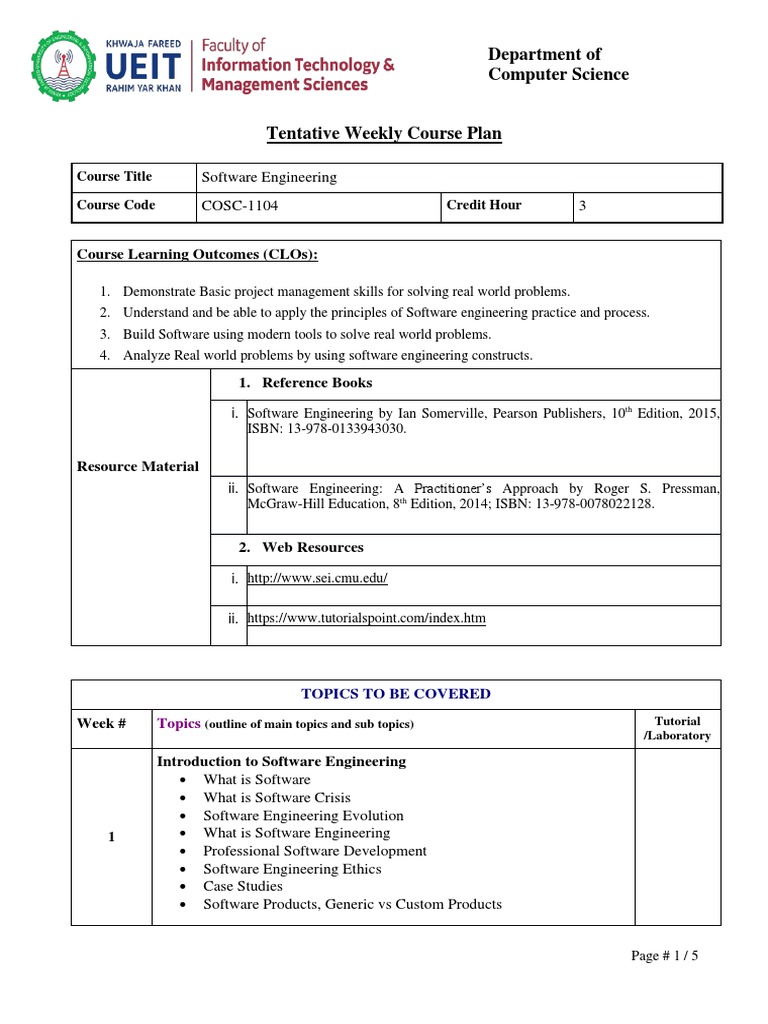 COSC-1104-Software Engineering-Course Plan | PDF | Agile Software Development | Software Engineering