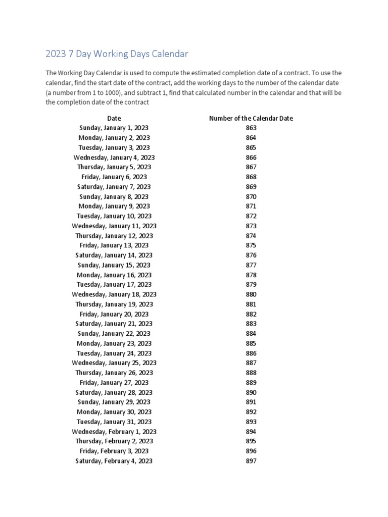 2023 Working Days Calendar 7 Day Alt Format | PDF