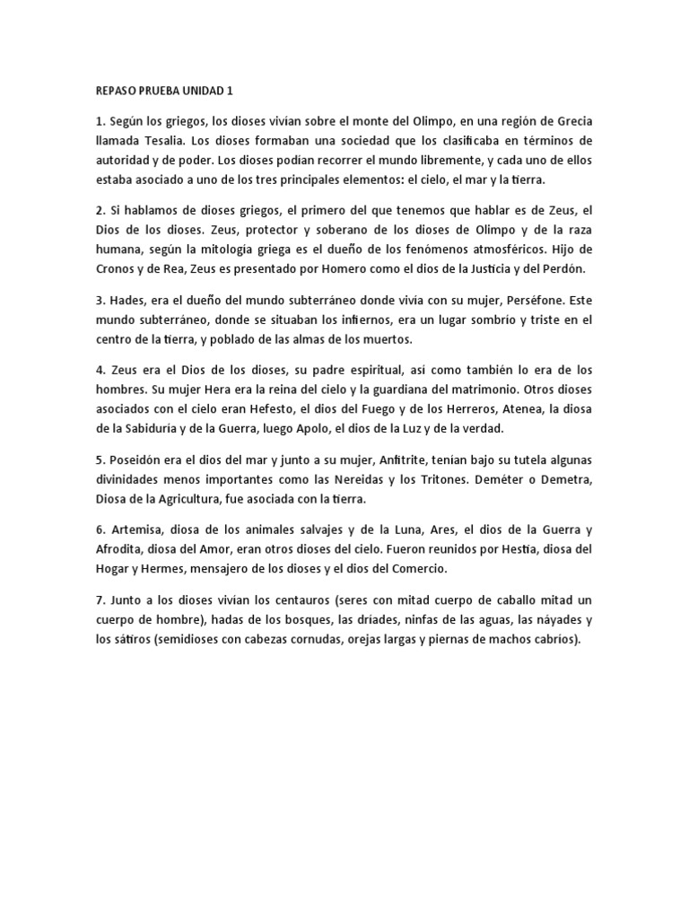 Repaso Prueba Unidad 1 | PDF | Afrodita | Doce olímpicos