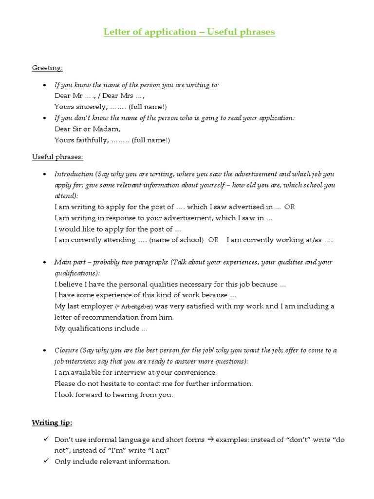 Letter of Application - Useful Phrases | PDF