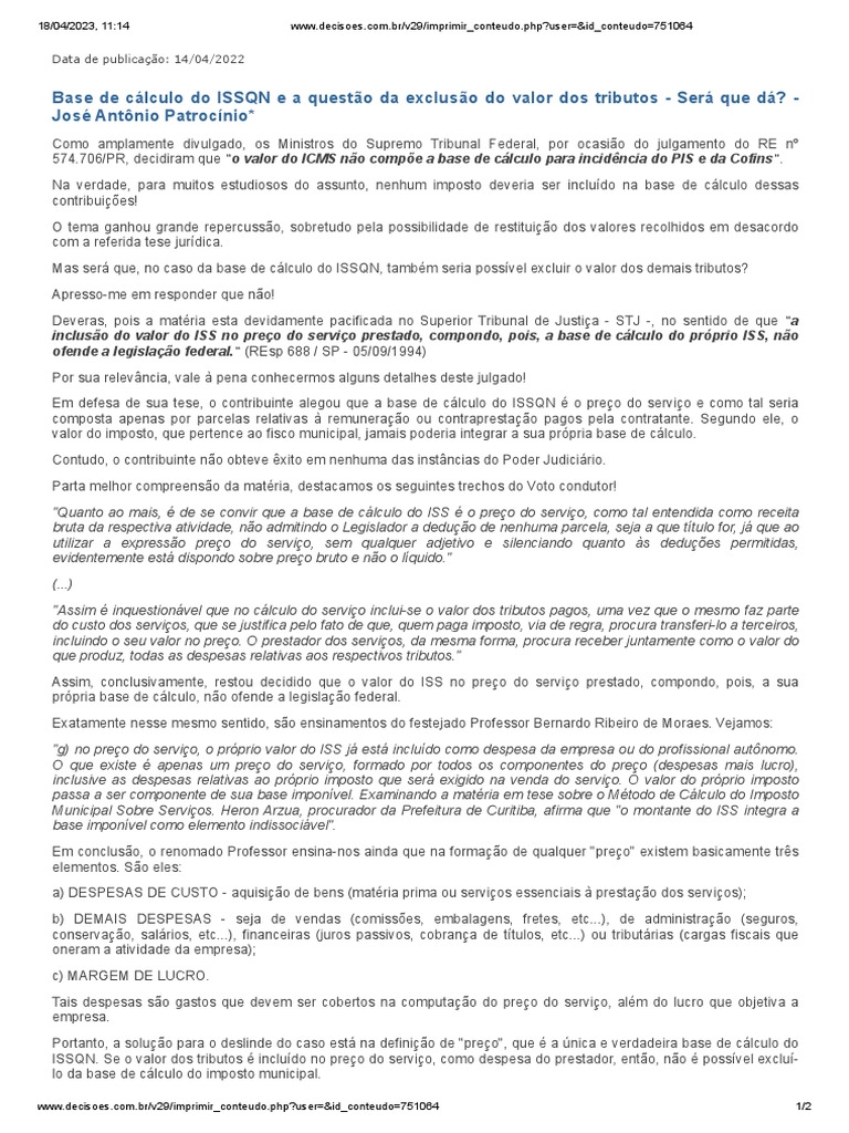 Base de Cálculo do ISSQN: Análise Jurídica | PDF | Impostos | Preços
