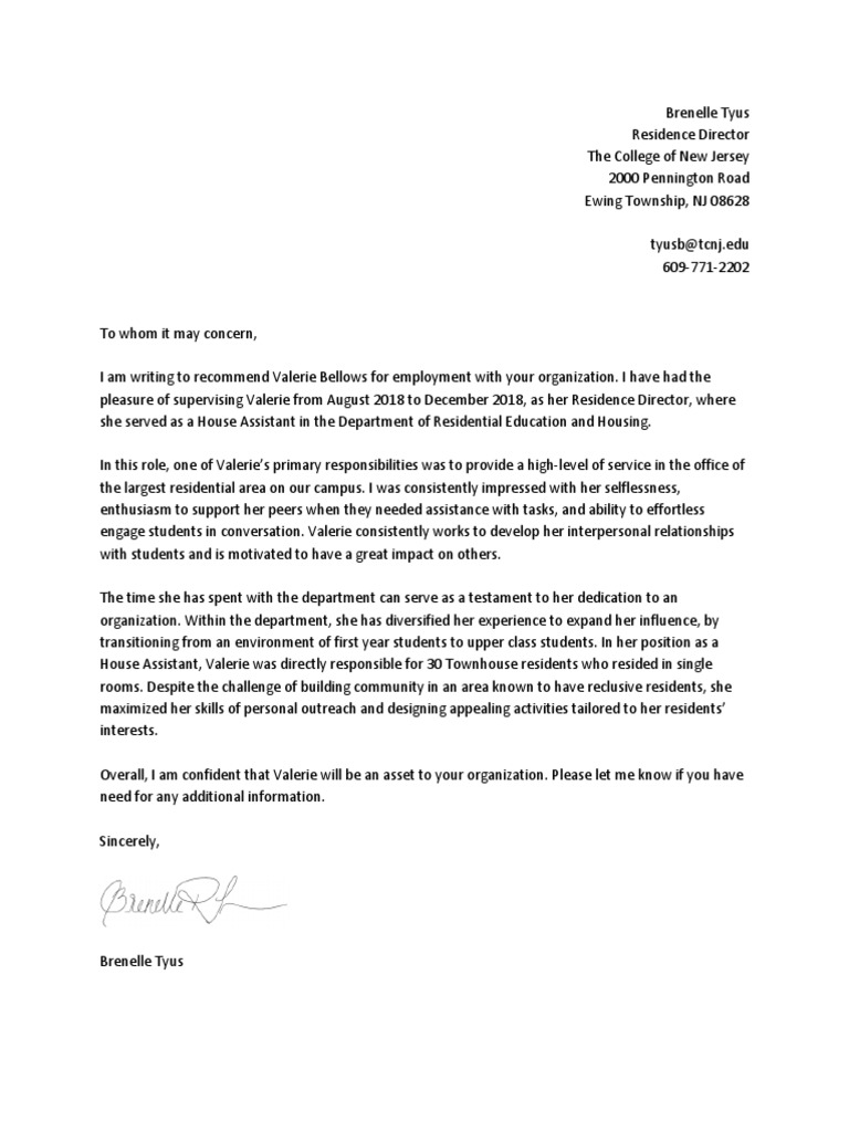 Valerie Bellows Recommendation Letter | PDF