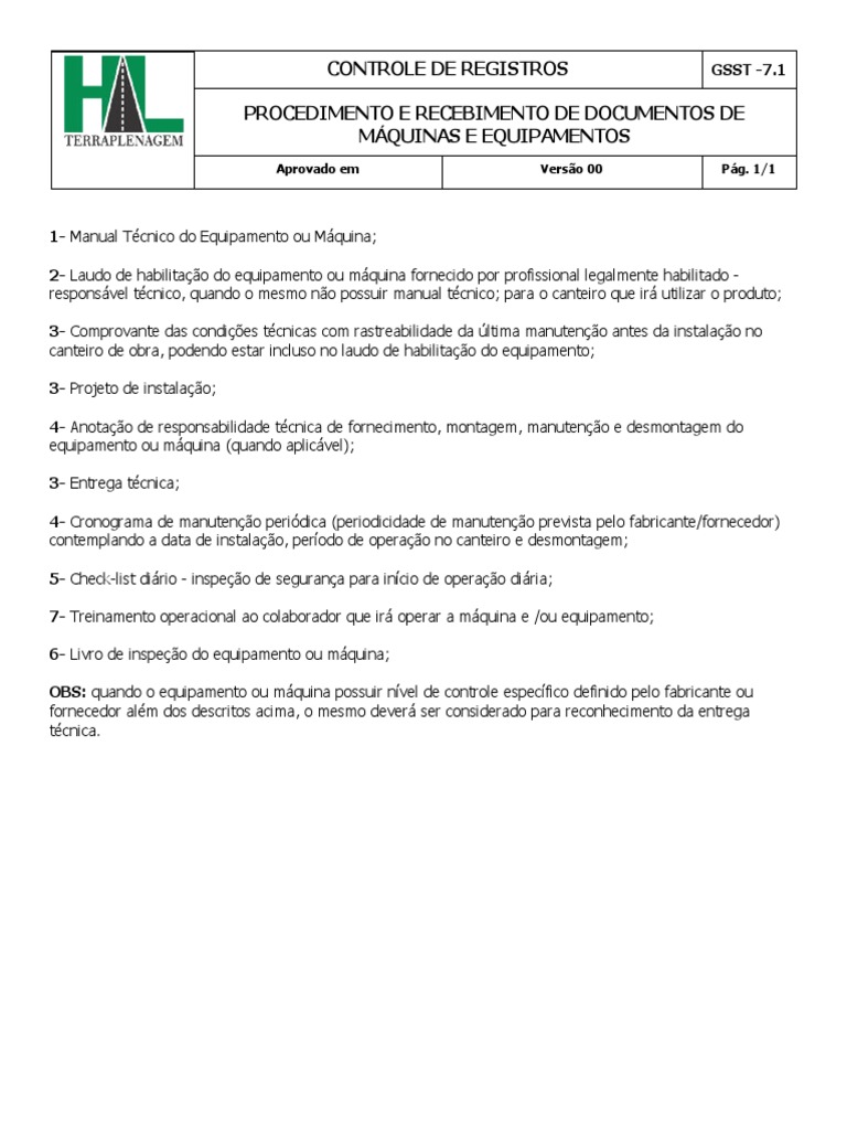 GSST 7.1 Procedimento e Recebimento de Documentos de Maquinas e Equipamentos | PDF