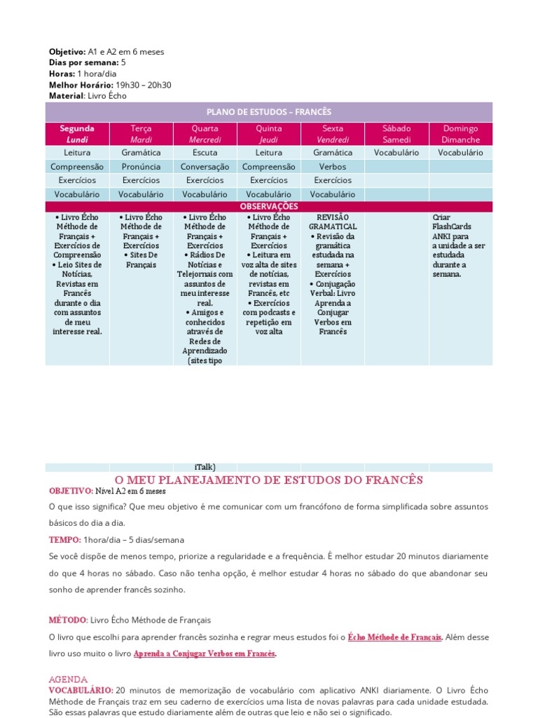 Plano de Estudos para Francês A1 e A2 | PDF | Francês (idioma ...