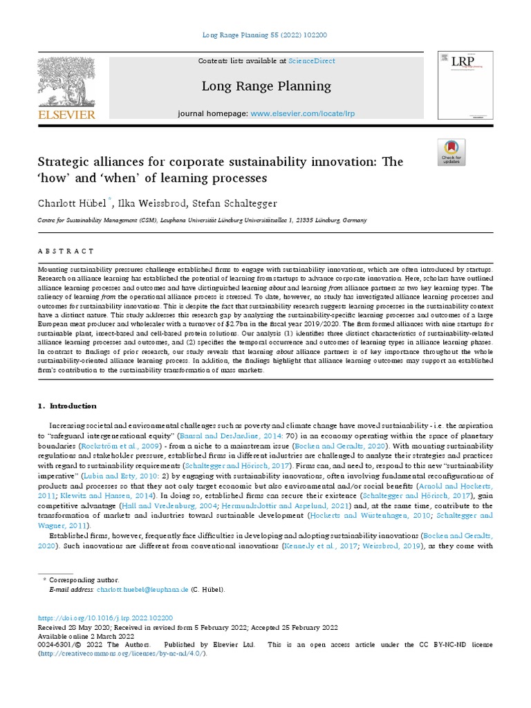 Strategic Alliances For Corporate Sustainability Innovation - 2022 - Long Range | PDF | Startup ...