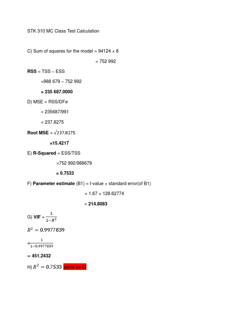 STK 310 Test Calculation Summary | PDF