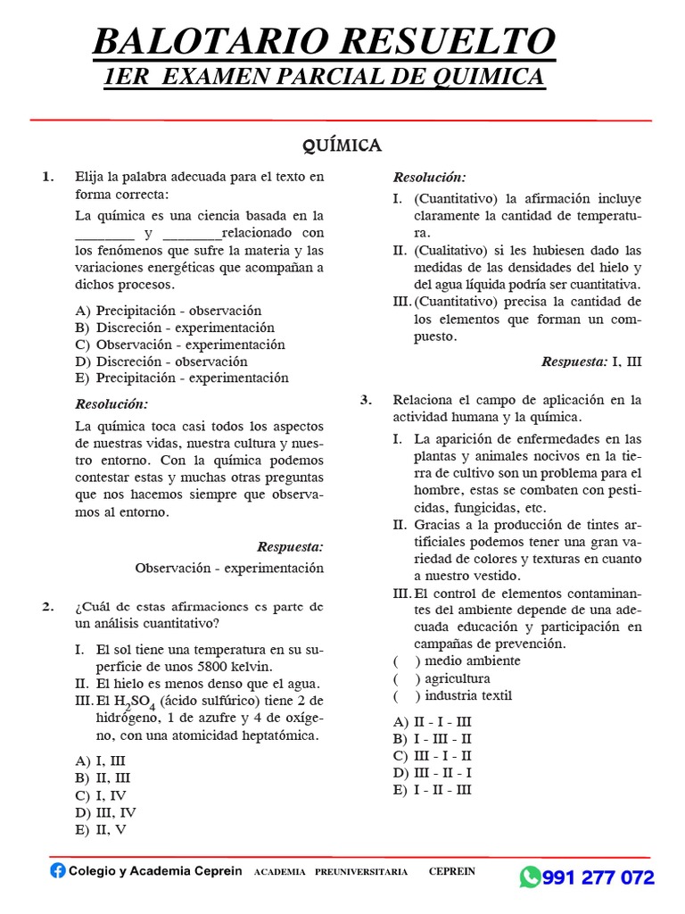 BALOTARIO 1ER PARCIAL QUIMICA SEC 1 Ceprein | PDF