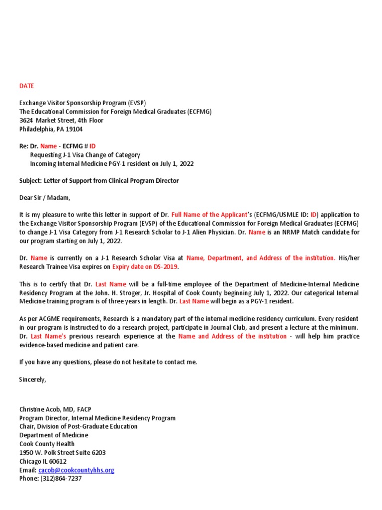 Support Letter for J-1 Visa Change | PDF