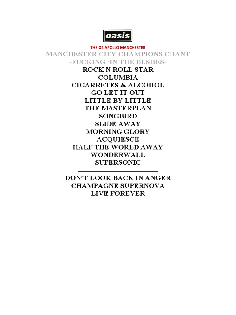 Oasis Setlist The O2 Apollo Manchester | PDF Oasis Setlist The O2 Apollo Manchester | PDF