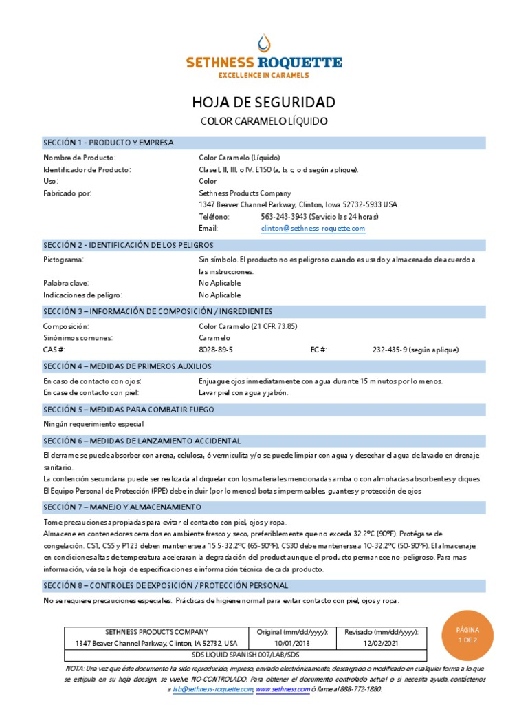 Hoja de Seguridad Color Caramelo | PDF | Seguridad alimenticia | Química